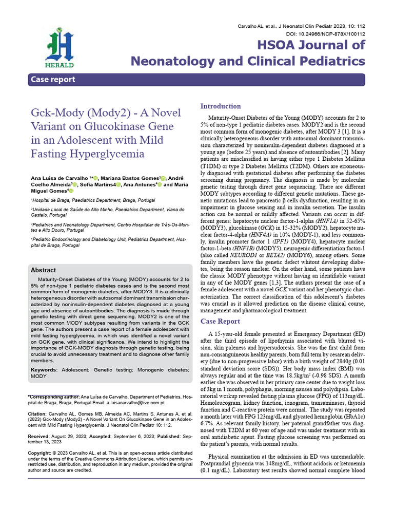 GCK Mody Mody2 A Novel Variant On Glucokinase Gene in An Adolescent ...