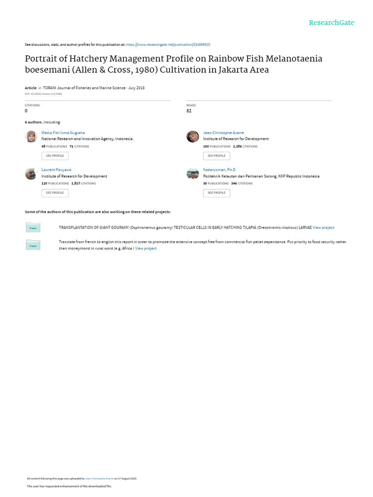 Portrait of Hatchery Management Profile On Rainbow Fish Melanotaenia ...