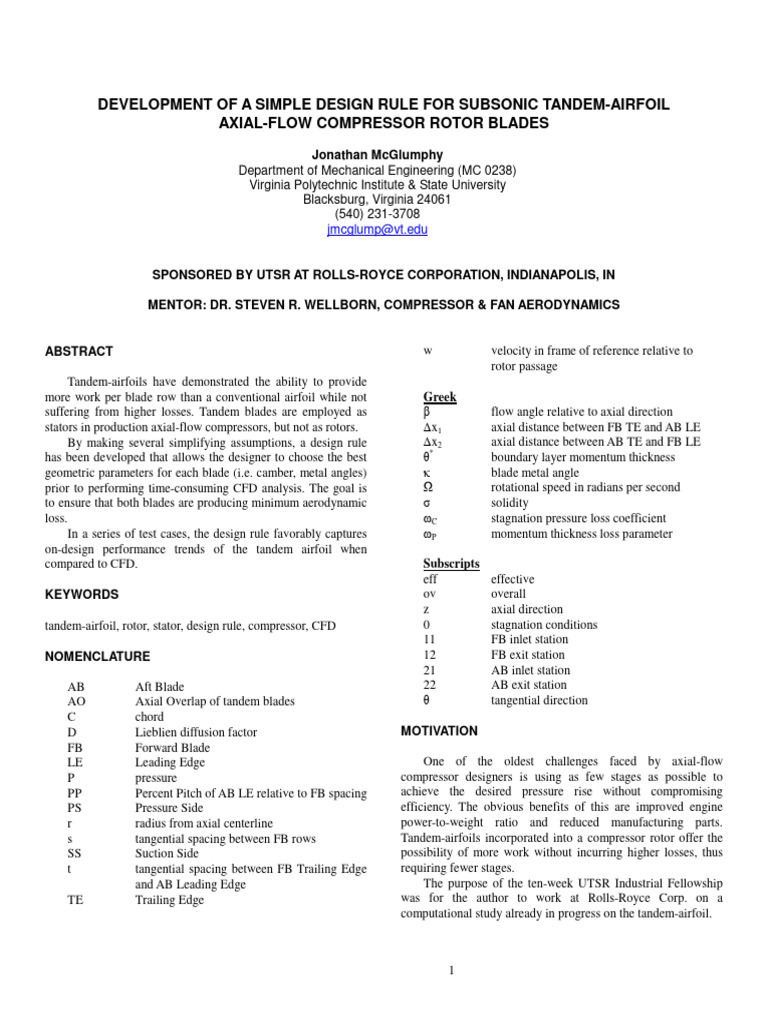 Development of A Simple Design Rule For Subsonic Tandem-Airfoil Axial-Flow Compressor Rotor ...