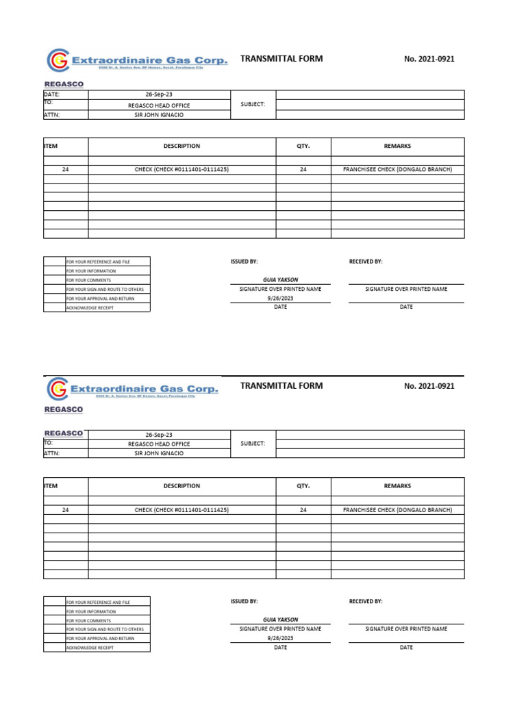 Exo Transmittal Form | PDF