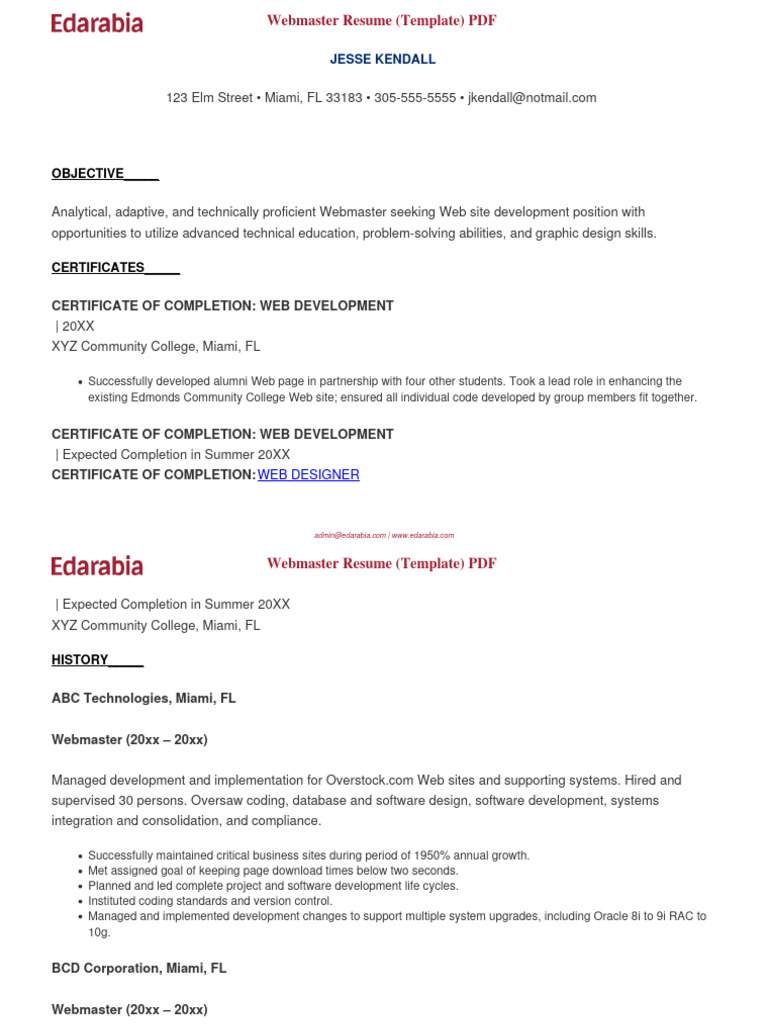 Edarabia Webmaster Resume Template | PDF
