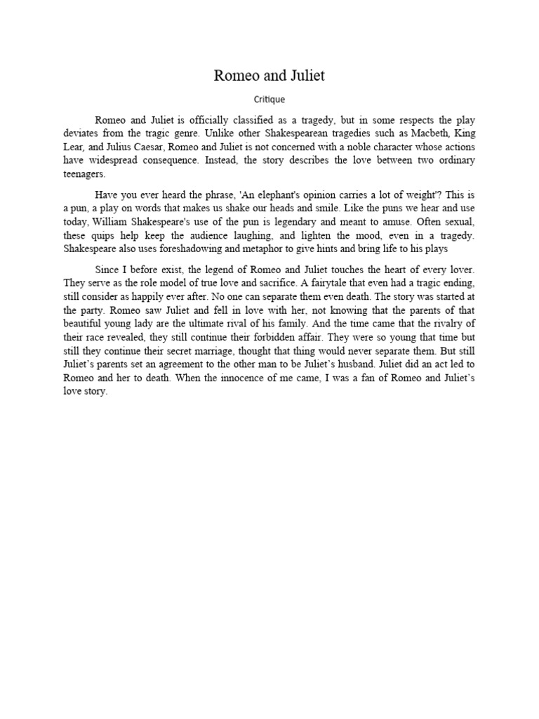 Romeo and Juliet Critique | PDF