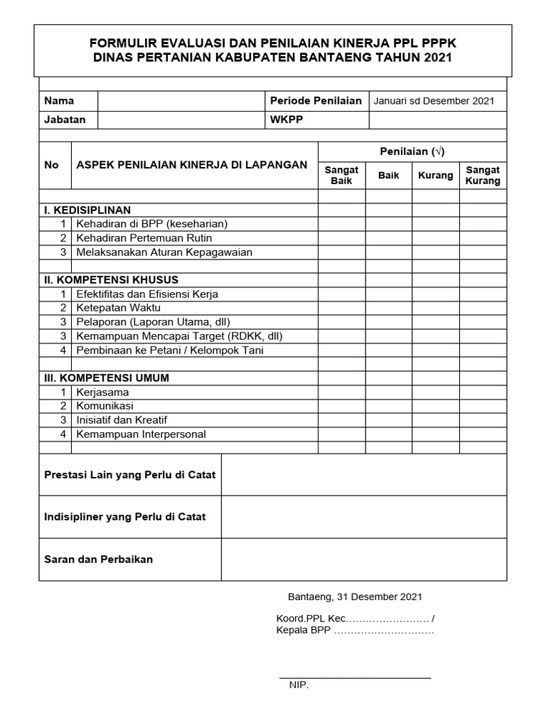 Formulir Evaluasi Dan Penilaian Kinerja PPPK | PDF