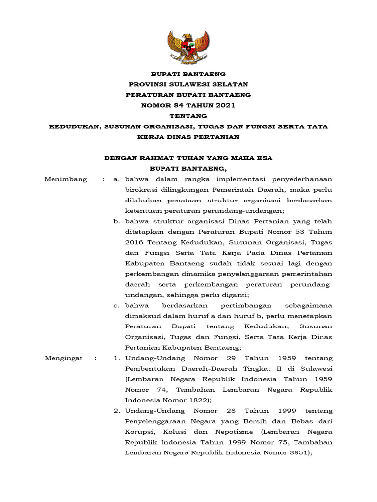 SOTK Dinas Pertanian - Perbup | PDF