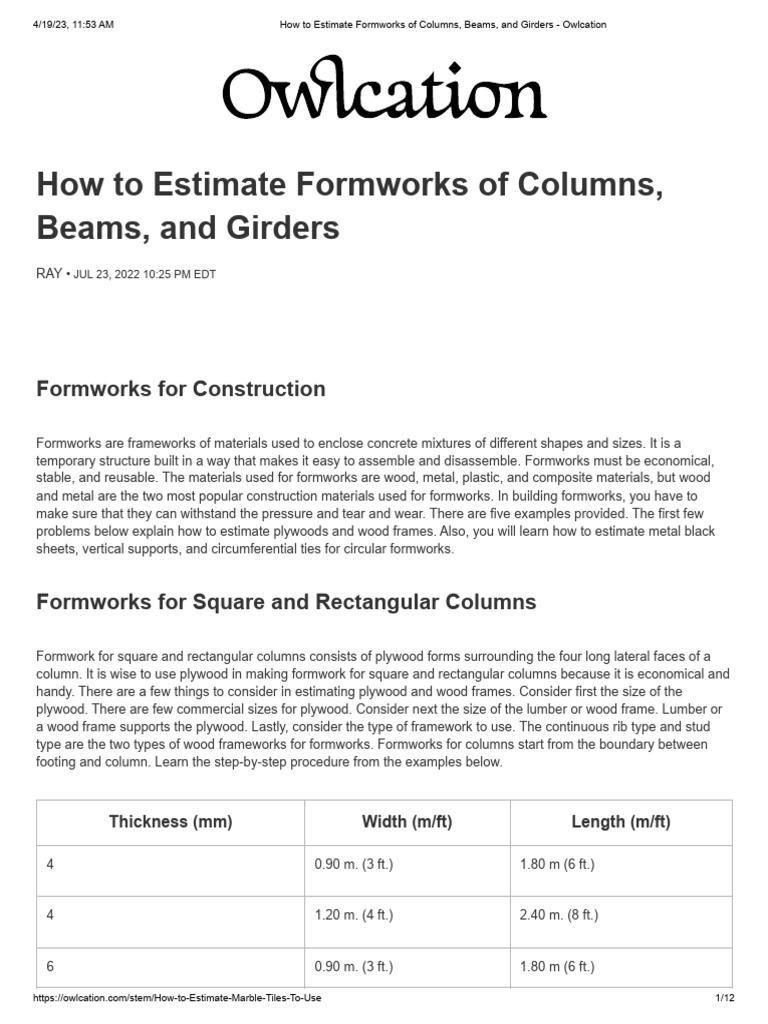 How To Estimate Formworks of Columns, Beams, and Girders - Owlcation | PDF