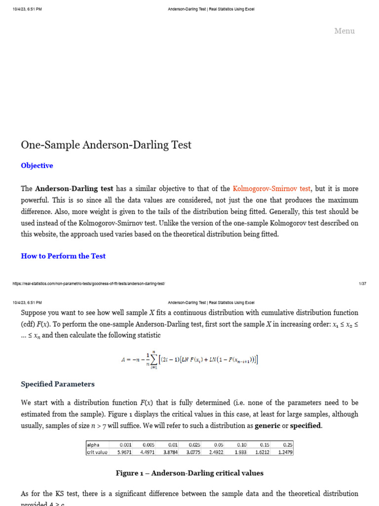 Anderson-Darling Test in Excel Guide | PDF | P Value | Statistics