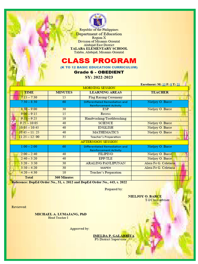 Class Program Grade 6 - Obedient | PDF