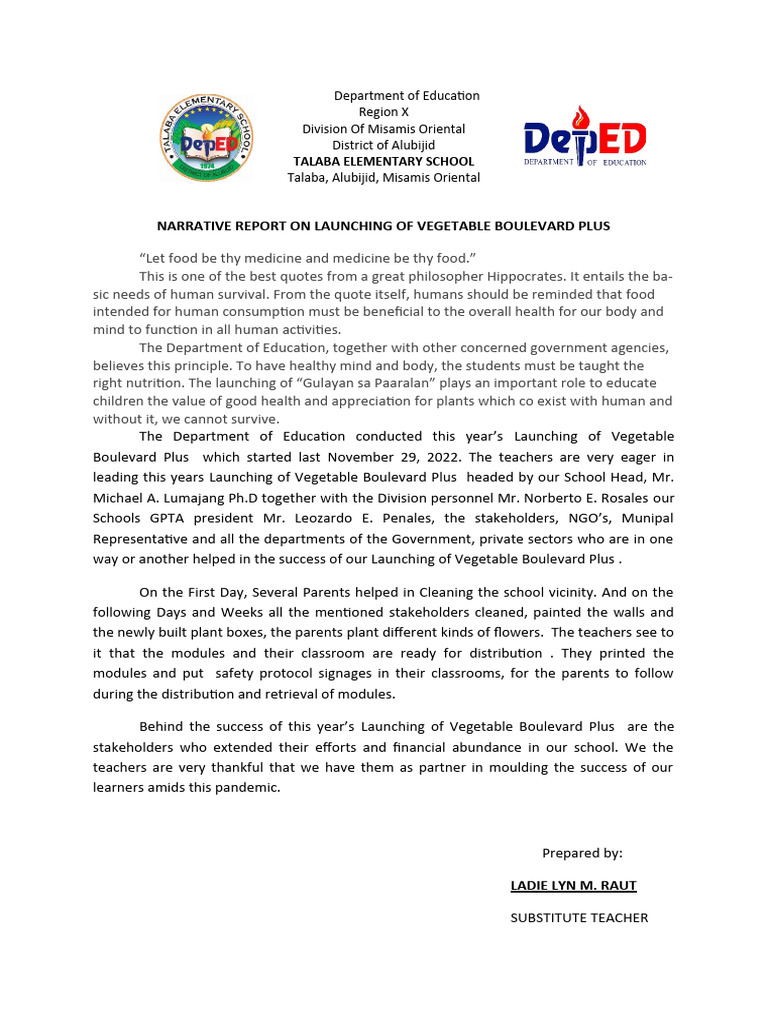 Narrative Report On Launching of Vegetable Boulevard | PDF | Wellness