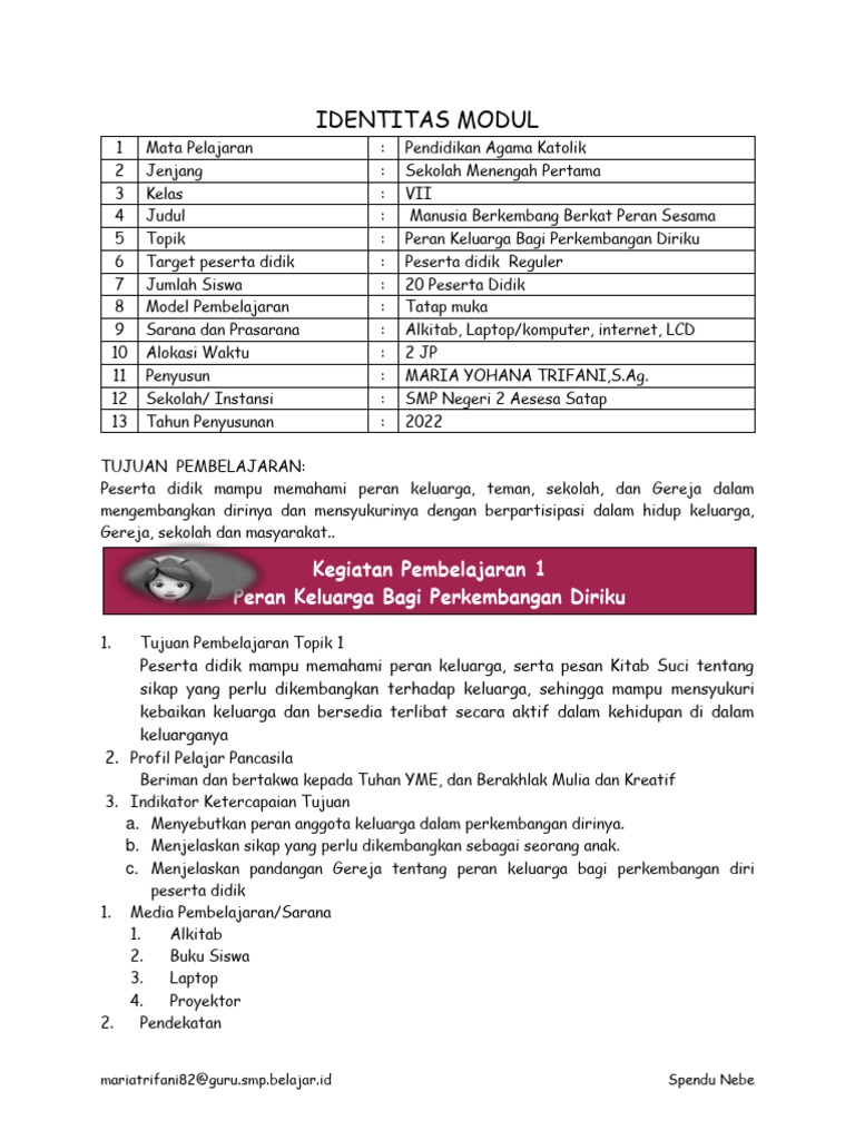 Identitas Modul: Kegiatan Pembelajaran 1 Peran Keluarga Bagi Perkembangan Diriku | PDF