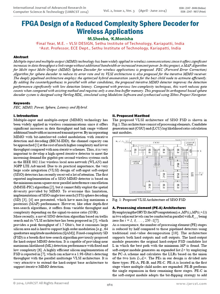 Paper - FPGA Design of A Reduced Complexity Sphere Decoder ForWireless Applications | PDF
