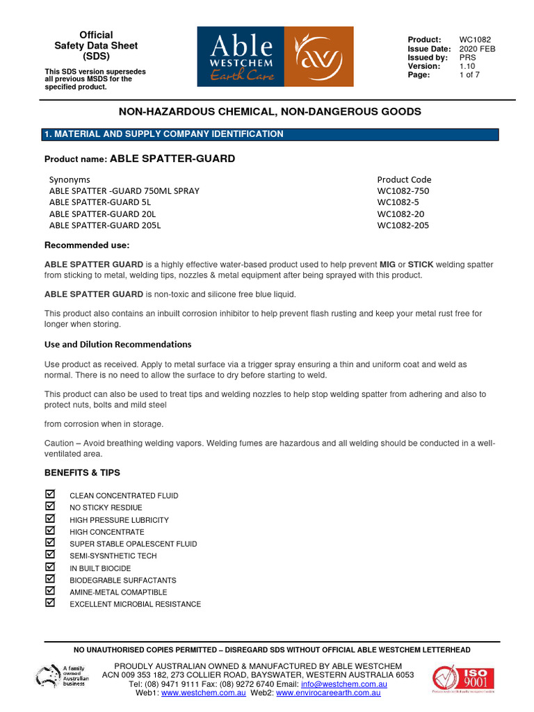 Able Westchem Spatter-Guard - WC1082 - SDS - 2020 | PDF