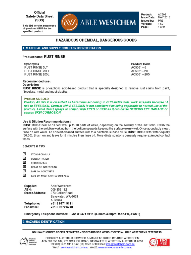 Able Westchem Rust Rinse - Ac5061 - SDS - 2018 | PDF