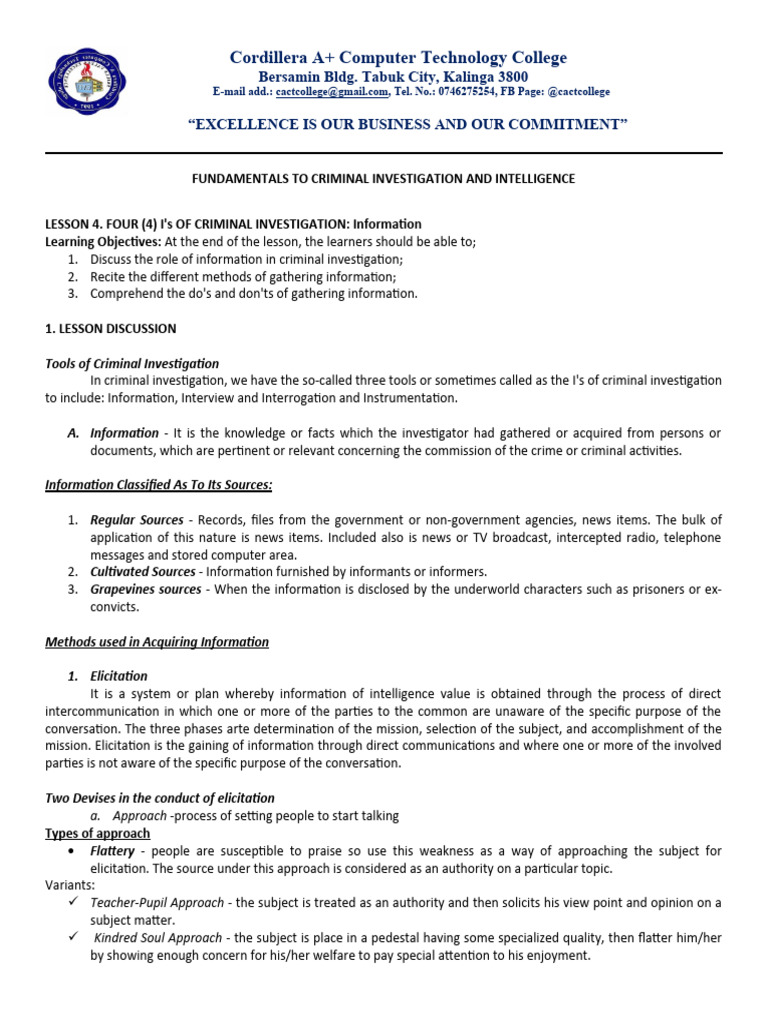 Lesson 4 - Fundamentals of Criminal Investigations | PDF Lesson 4 - Fundamentals of Criminal Investigations | PDF