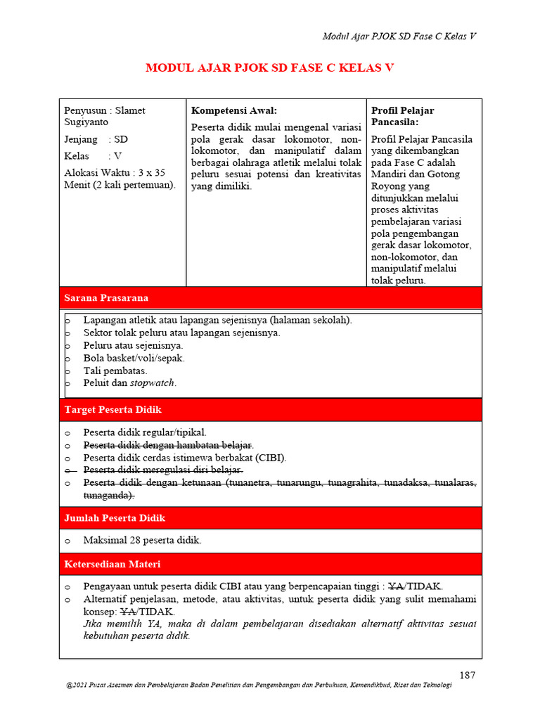 MODUL AJAR TOLAK PELURU - Kelas 5 | PDF