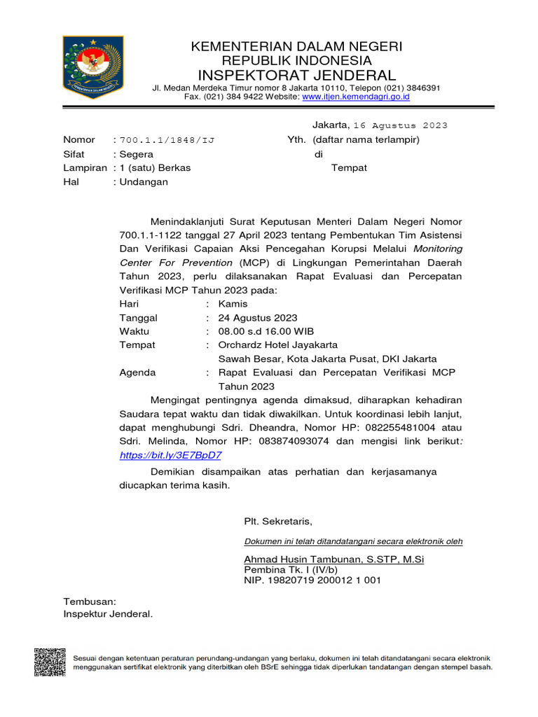 Undangan Rapat MCP 24 Agustus 2023 | PDF