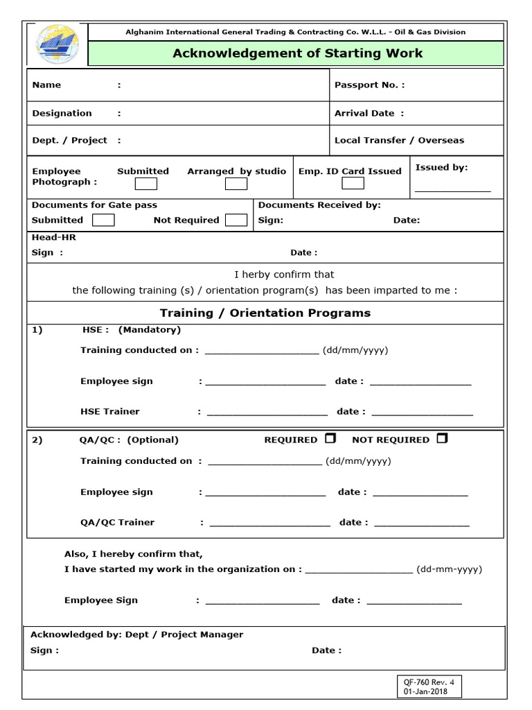 Acknowledgement of Starting Work ^ QF-760 Rev 4 | PDF