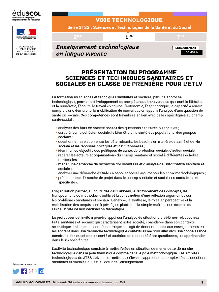 RA19 Lycee T ETLV ST2S 1ere Presentation-Enseignement 1161379 | PDF