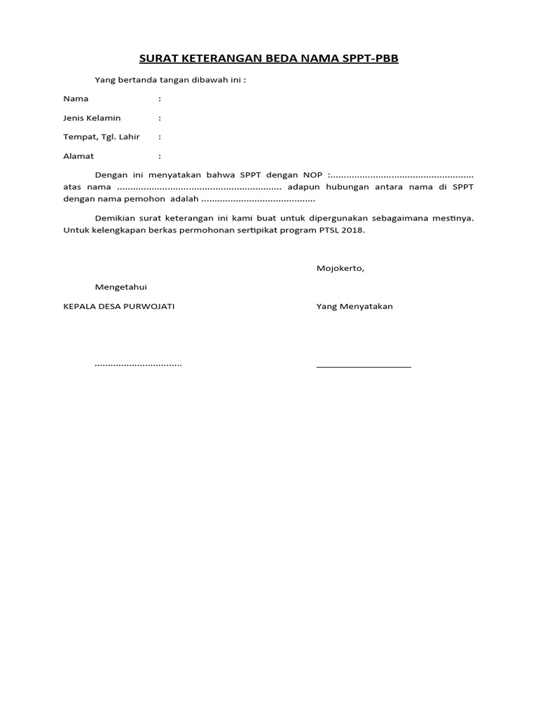 Surat Pernyataan Beda Nama SPPT - PBB - Pak Hendra - 2018 | PDF
