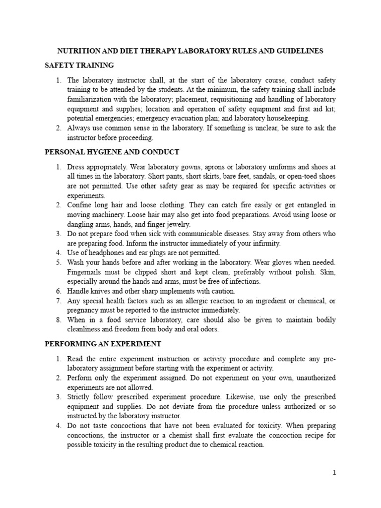 Nutrition and Diet Therapy Laboratory Rules and Guidelines | PDF