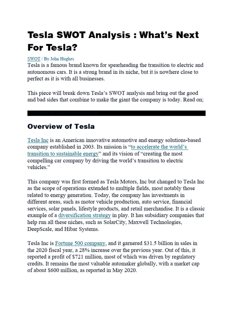 Tesla SWOT Analysis: Strengths & Weaknesses | PDF