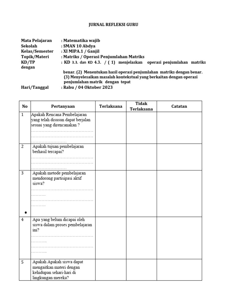 Jurnal Refleksi Guru Dan Siswa - Hanisah | PDF