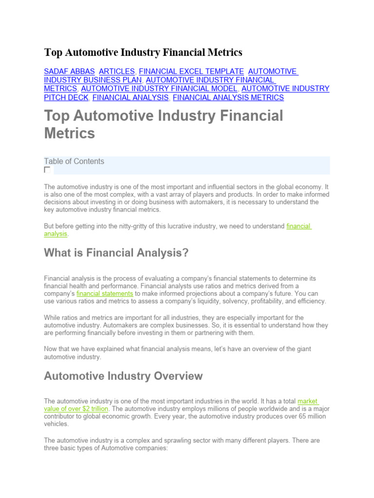 Top Automotive Industry Financial Metrics | PDF | Return On Equity | Stocks