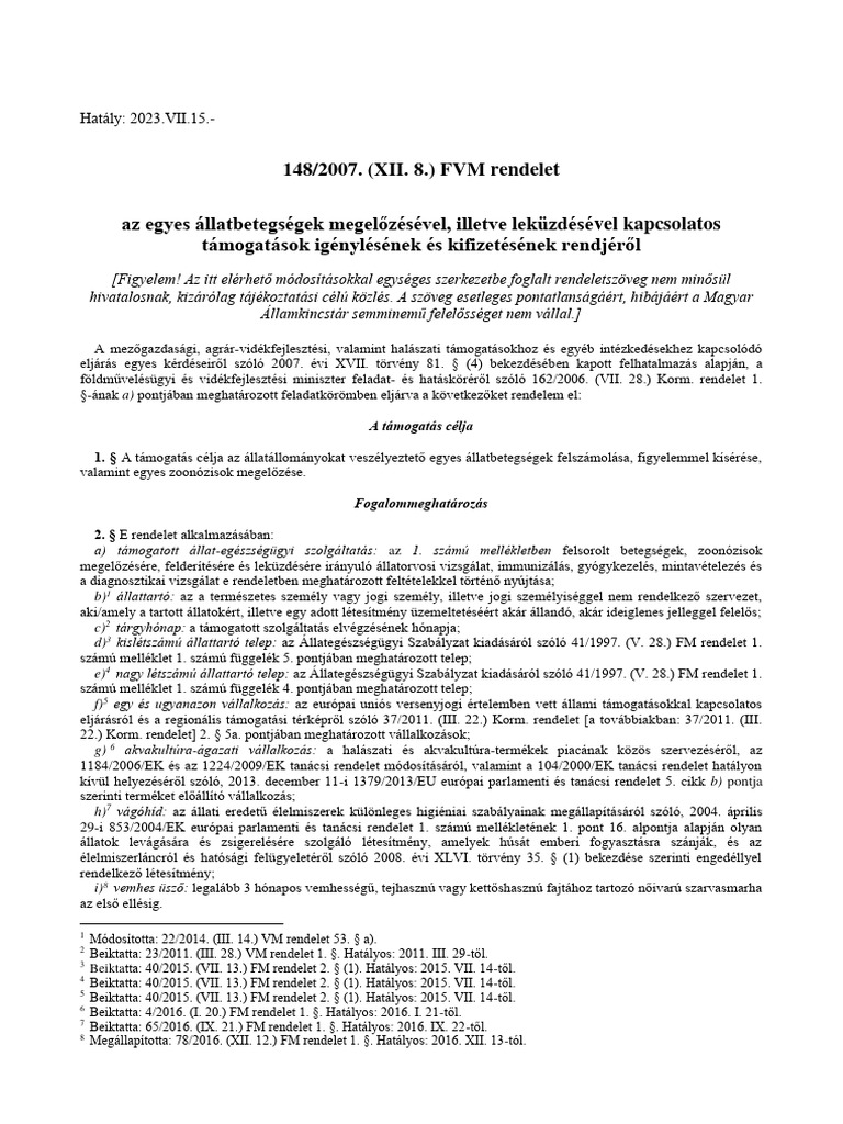148 - 2007. (XII. 8.) FVM Rendelet - 2023. Július 15. Napjától Hatályos | PDF