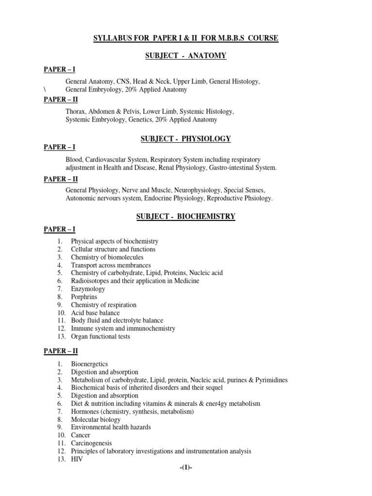 M.B.B.S Anatomy, Physiology, Biochemistry Syllabus | PDF | Wellness