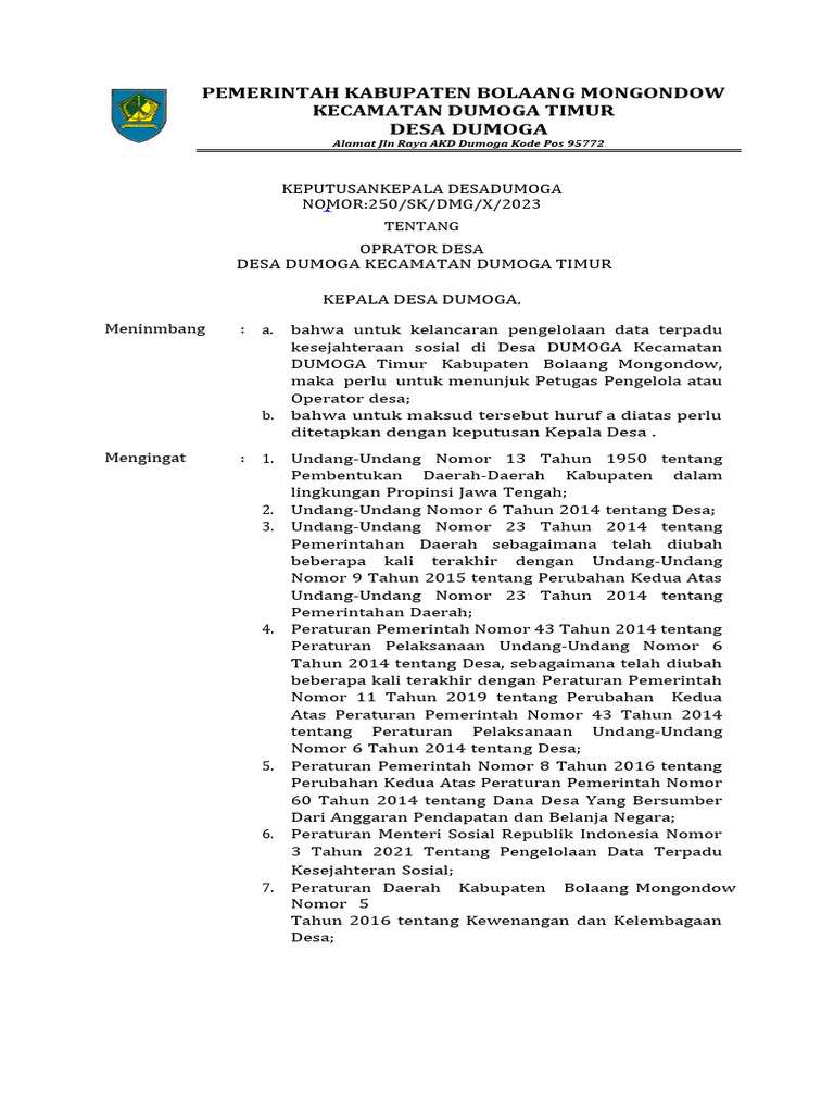 SK Kades TTG Operator SIKS Desa Jatilor | PDF