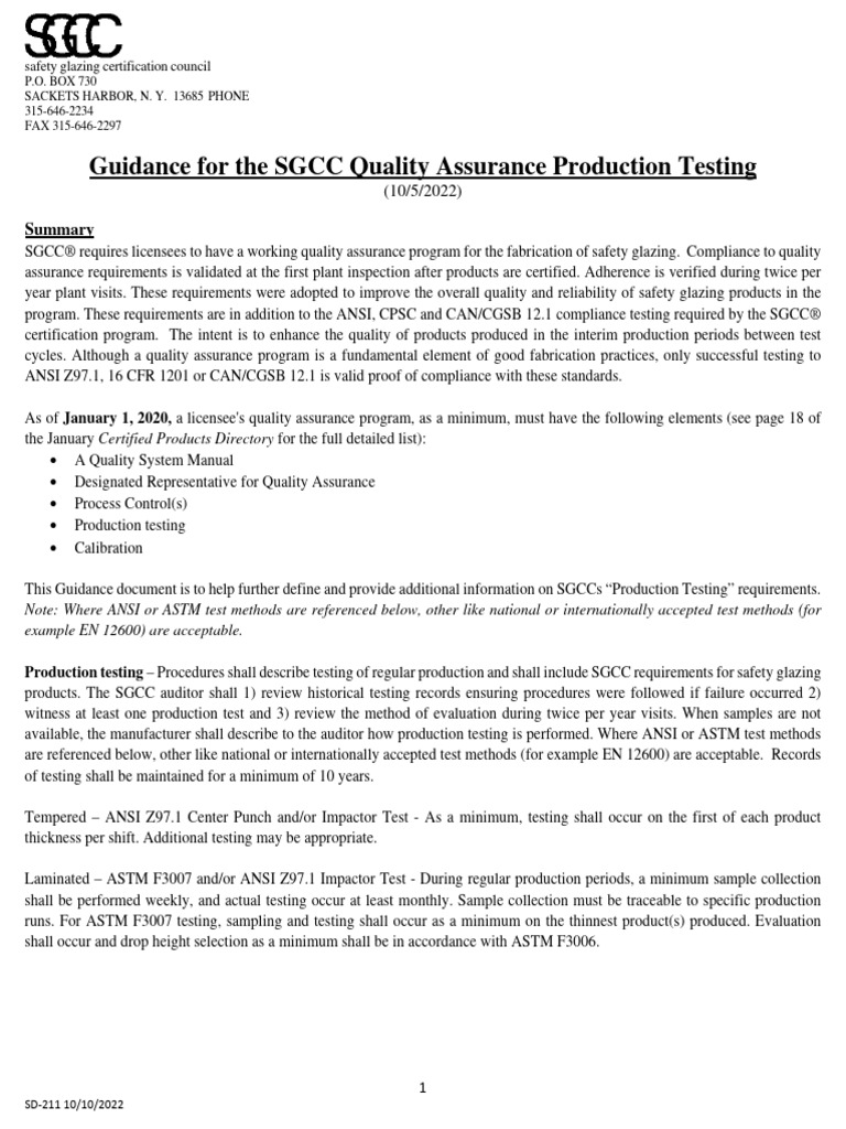 SD-211 Guidance For The SGCC Quality Assurance Production Testing | PDF ...