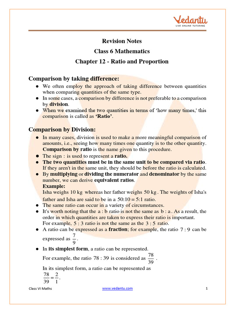 Ratio and Proportion Class 6 Notes CBSE Maths Chapter 12 (PDF) | PDF ...
