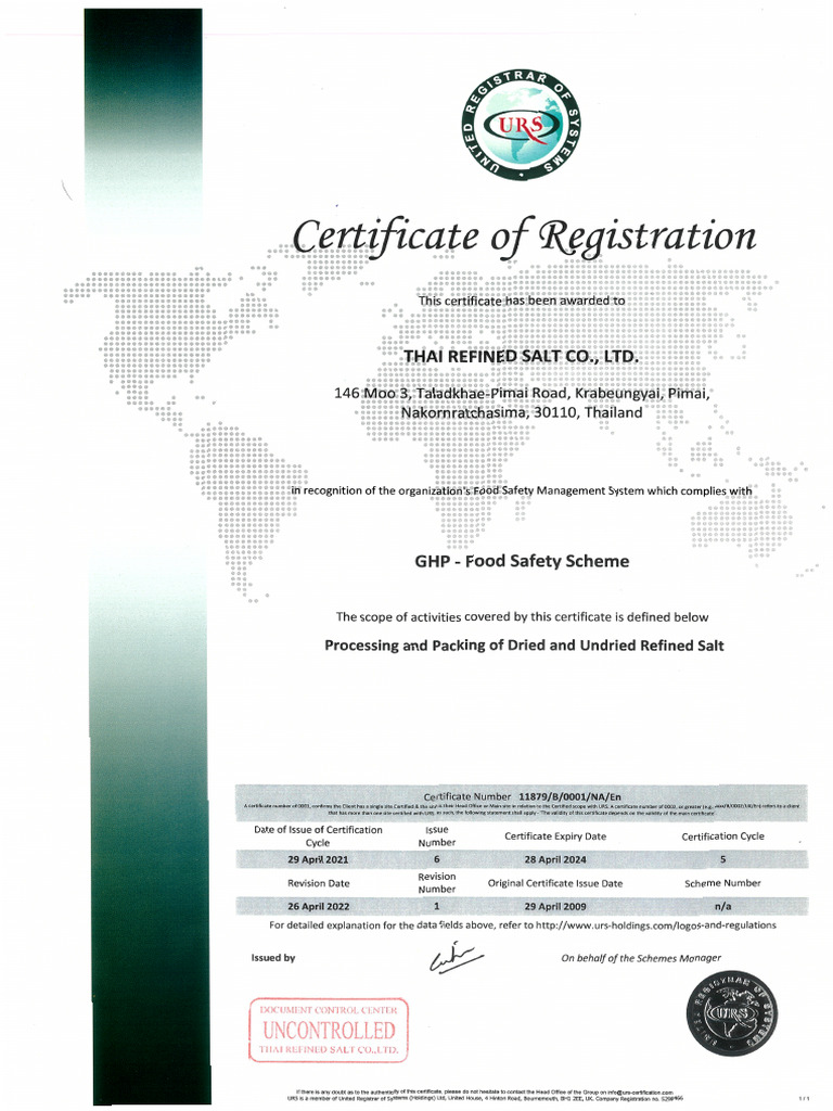 Certificate - Thailand TRS Refined Salt | PDF