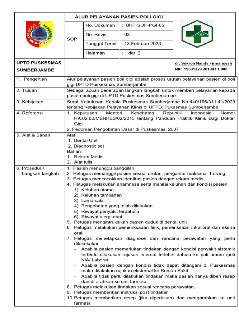 Sop Alur Pelayanan Pasien Poli Gigi | PDF | Pengembangan Diri | Kesehatan Holistik