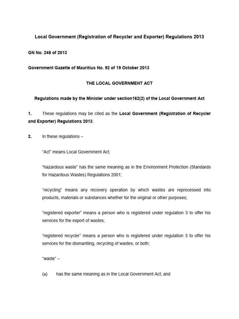 Local Government (Registration of Recycler and Exporter) Regulations 2013 | PDF