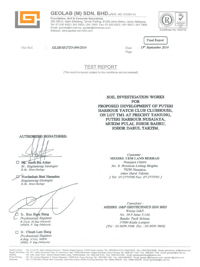 13.10.2014 Amended Soil Investigation Report Puteri Harbour UEM G P PDF | PDF