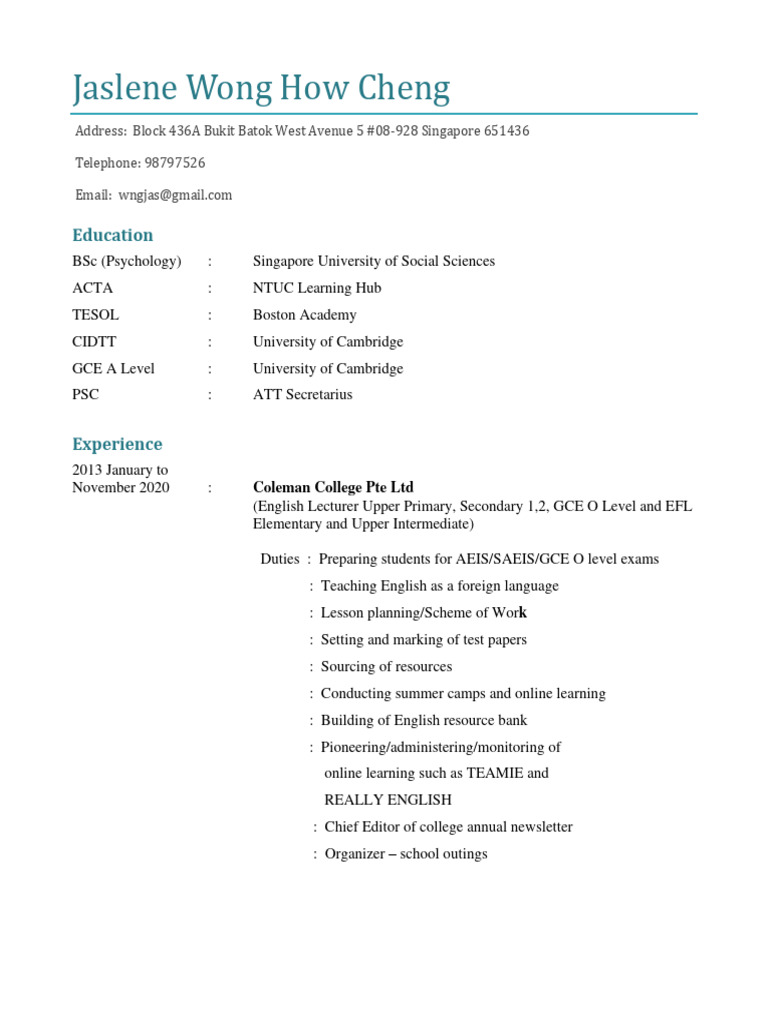Jaslene Wong How Cheng CV PDF | PDF