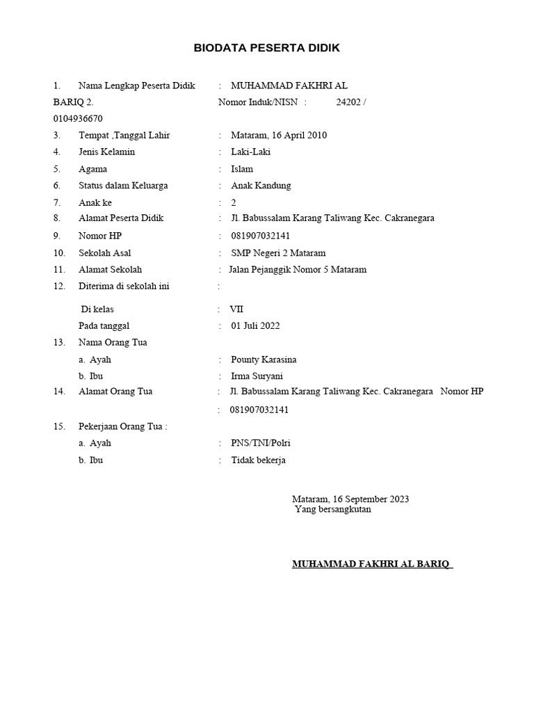 Biodata Muhammad Fakhri Al Bariq | PDF