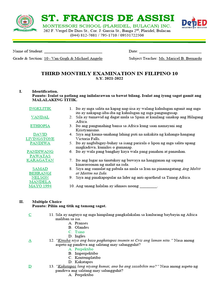 10 - FILIPINO (3rd - Monthly) | PDF