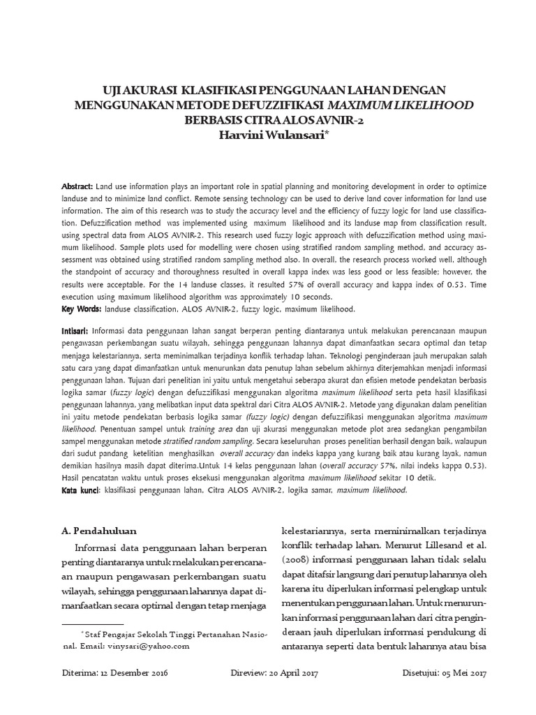 UJI AKURASI KLASIFIKASI PENGGUNAAN LAHAN DENGAN MENGGUNAKAN METODE DEFUZZIFIKASI MAXIMUM ...
