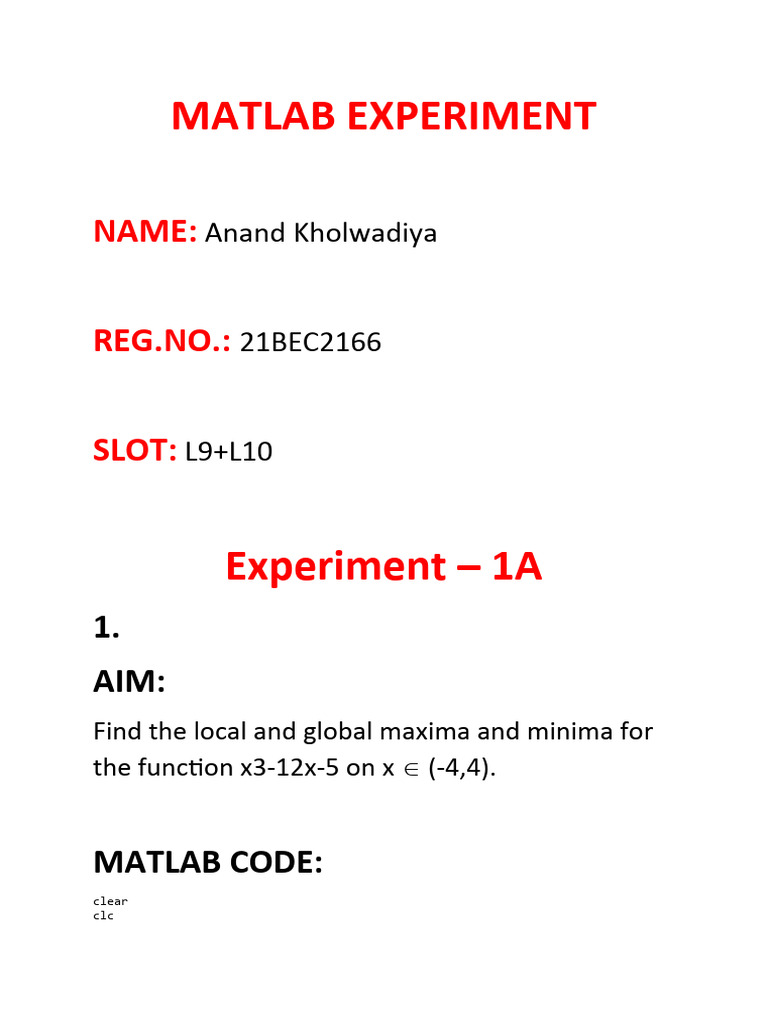 21bec2166 Matlab Experiment Da1 | PDF | Statistical Data Types | Numerical Analysis