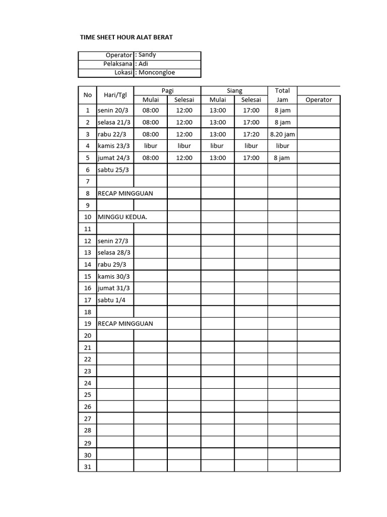 Time Sheet Alat Berat Mingguan | PDF