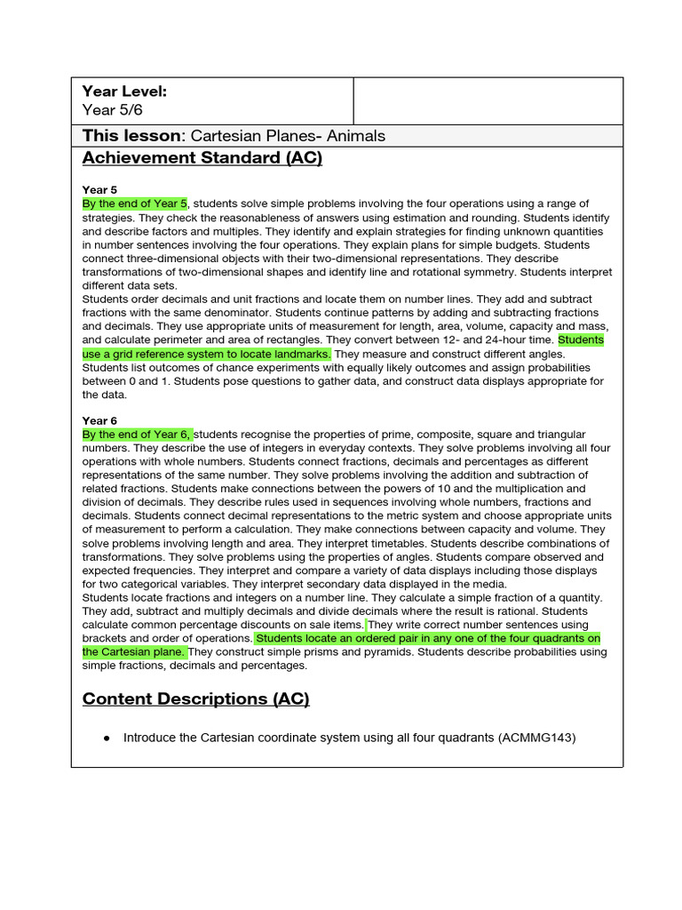 Cartesian Plane Animal Plotting Lesson | PDF | Language Arts ...