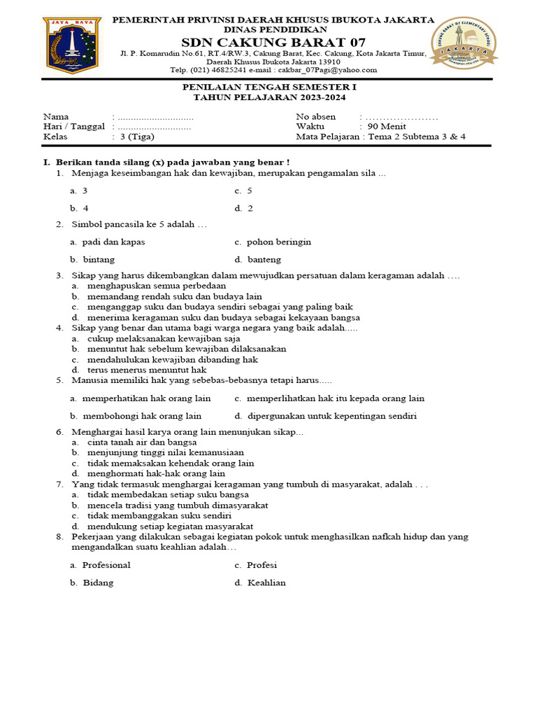 Soal PTS Kelas 3 Tema 2 Sub 3&4 | PDF
