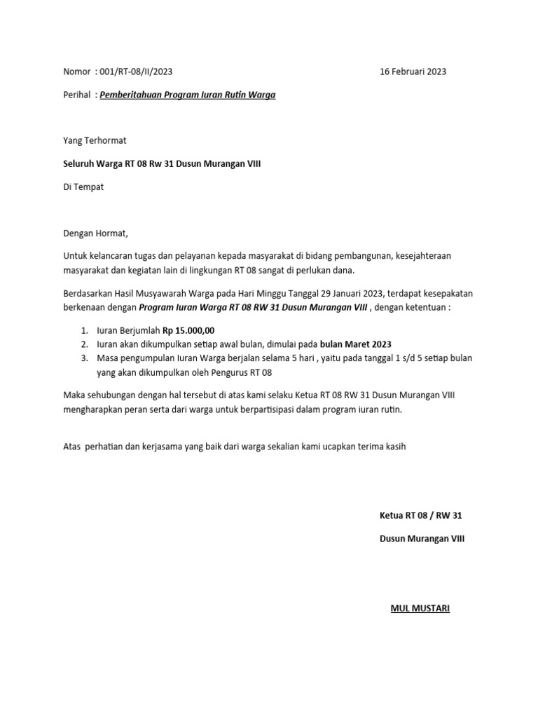 Surat Pemberitahuan Iuran Warga | PDF