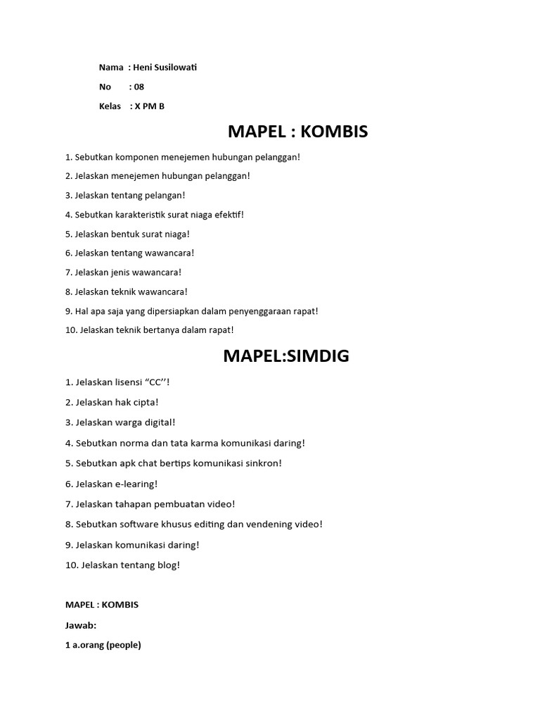 Panduan KOMBIS dan SIMDIG Kelas X PM B | PDF