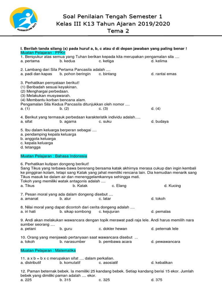 Soal PTS Tema 2 Kelas 3 Semester 1 K13 Tahun 2019-2020 2x | PDF