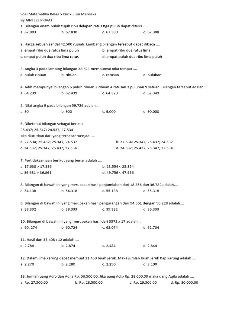 Soal-Matematika-Kelas-5-Bilangan-Cacah-Sampai-100-000 3xe | PDF