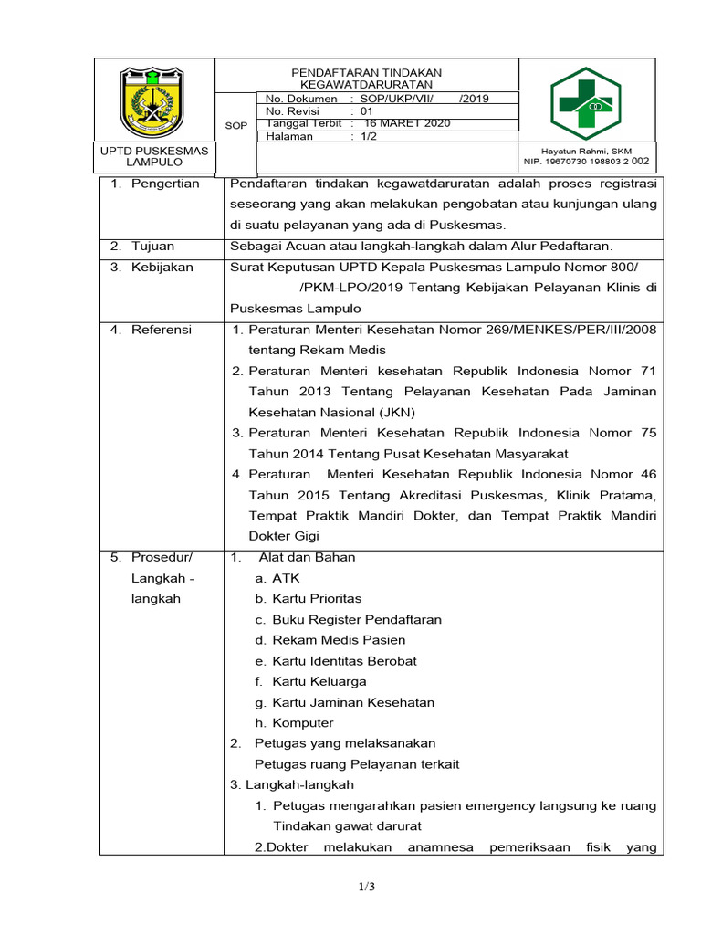 SOP - Prm. 02. SOP Pendaftaran Tindakan Kegawatdaruratan | PDF