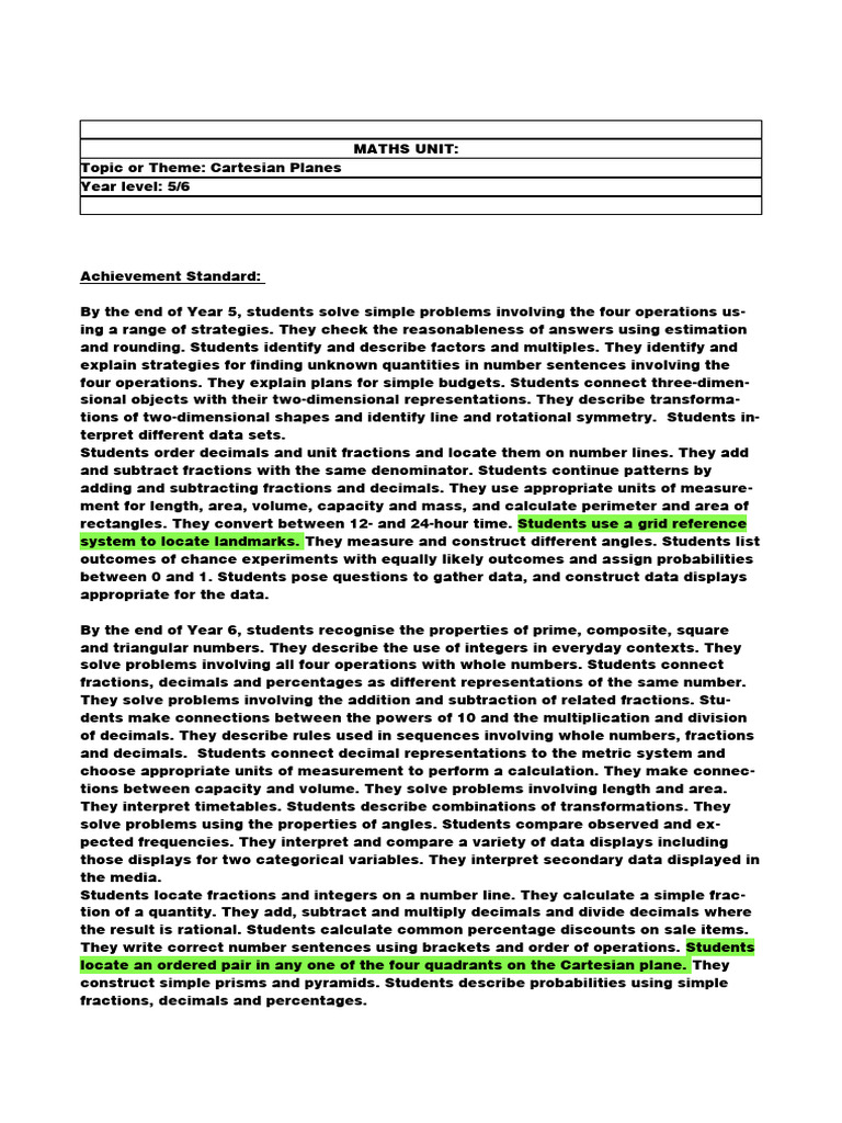Unit Plan Cartesian Planes Year 5:6 | PDF | Cartesian Coordinate System ...