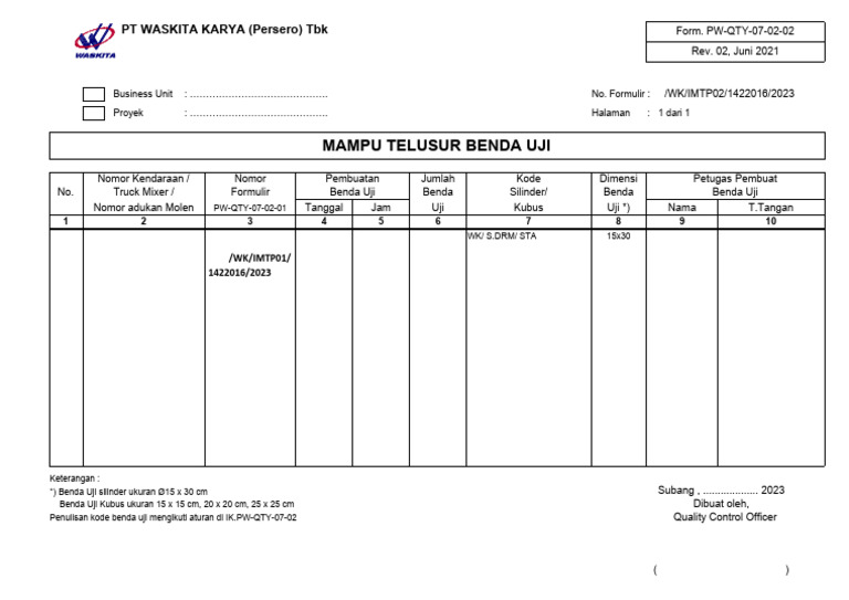 2.2 Form PW-QTY-07-02-02 MAMPU TELUSUR BENDA UJI | PDF